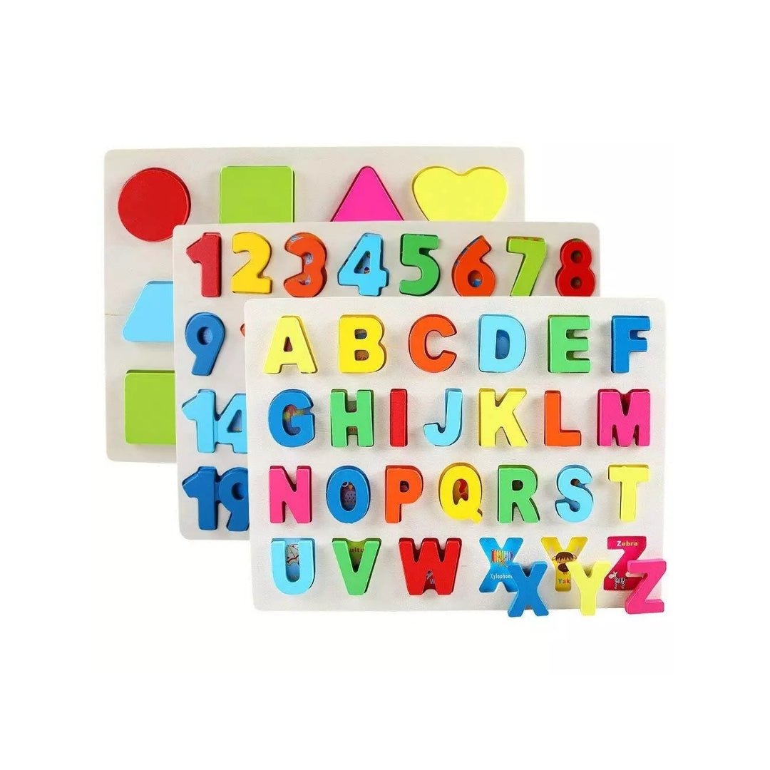 3-in-1 Wooden Learning Puzzle Set – Alphabet, Numbers & Shapes for Kid ...