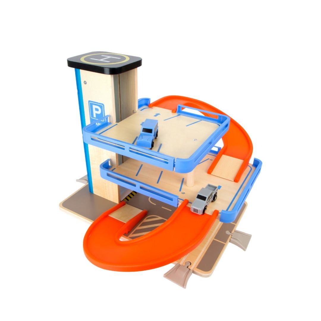 3-Level Interactive Wooden Garage Playset with Cars, Helicopter & Elev ...