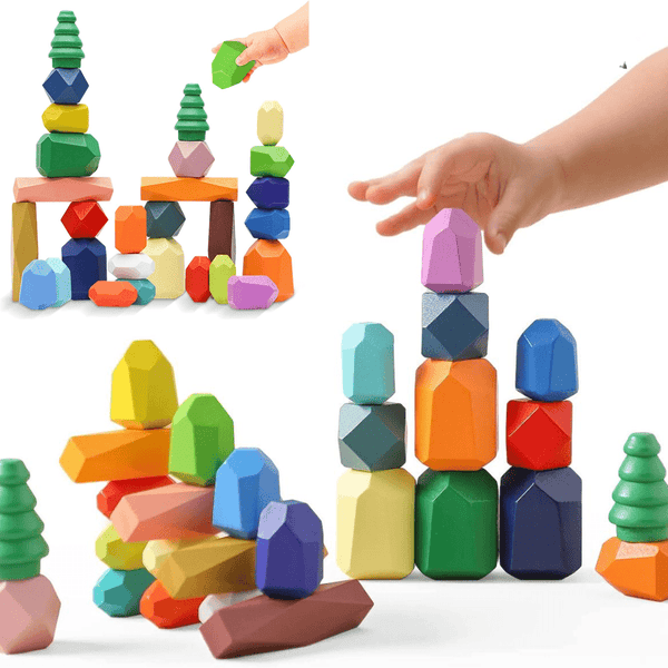 Wooden Sorting Stacking Rocks Balancing Stones,28PCS Stacking Blocks B ...