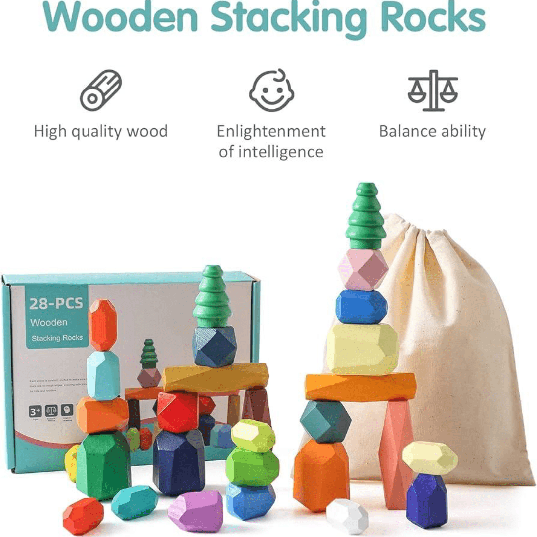 Wooden Sorting Stacking Rocks Balancing Stones,28PCS Stacking Blocks B ...