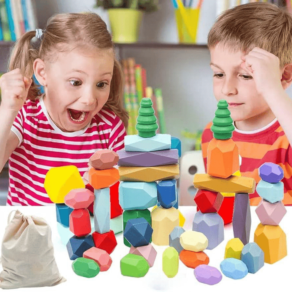Wooden Sorting Stacking Rocks Balancing Stones,28PCS Stacking Blocks B ...